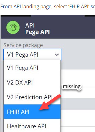 FHIR API Documentation does not appear in API Pega drop down. | Support Center